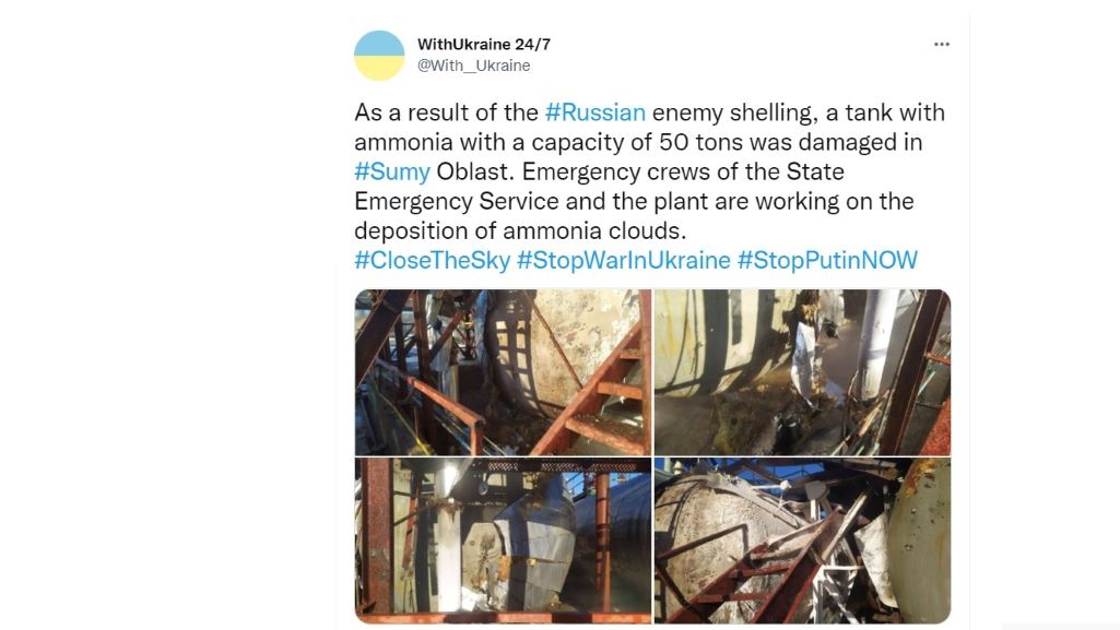 Un rezervor de 50 de tone cu amoniac a fost avariat în orașul Sumî ...