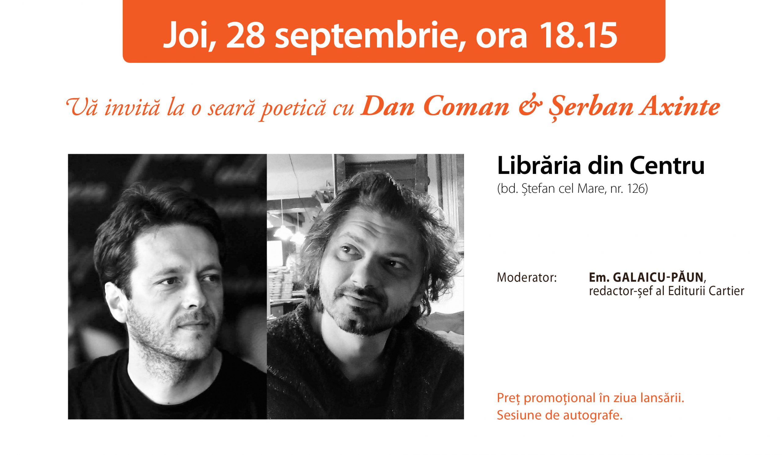 Vino la o seară poetică alături de Dan Coman și Șerban Axinte! - ea.md